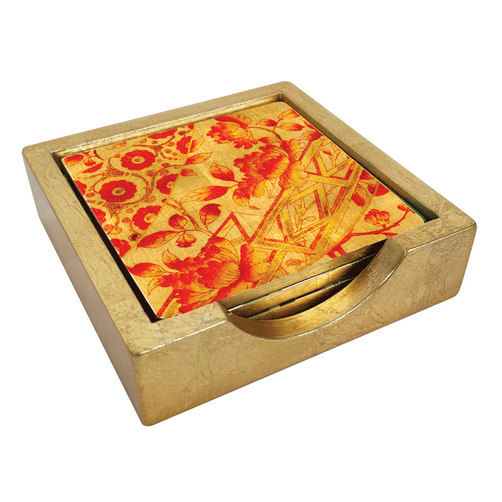 Gilded Porcelain Coral and Gold Coasters | Set of 4 with Holder – Caspari