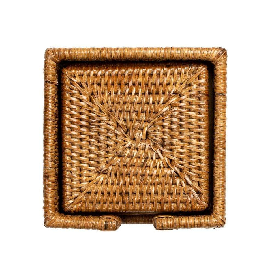 Rattan Square Coasters and Holder | Dark Natural | Set of 6 – Caspari