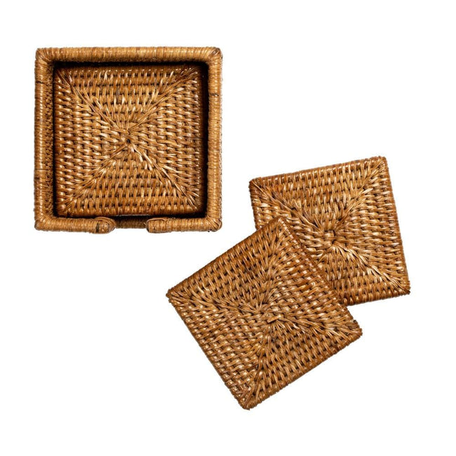 Rattan Square Coasters and Holder | Dark Natural | Set of 6 – Caspari