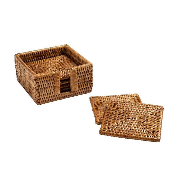 Rattan Square Coasters and Holder | Dark Natural | Set of 6 – Caspari