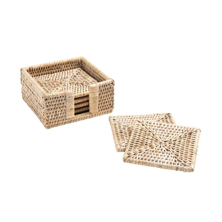 Rattan Square Coasters and Holder | White Natural | Set of 6 – Caspari